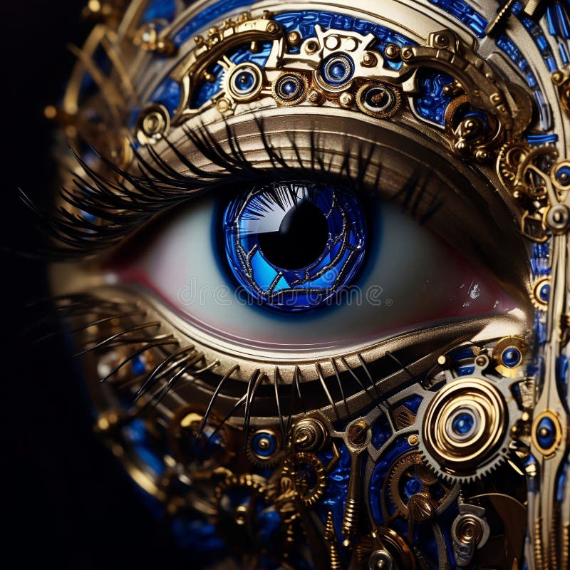 AI Generated Illustration of a Bright Blue Eye on a Mechanical Face ...