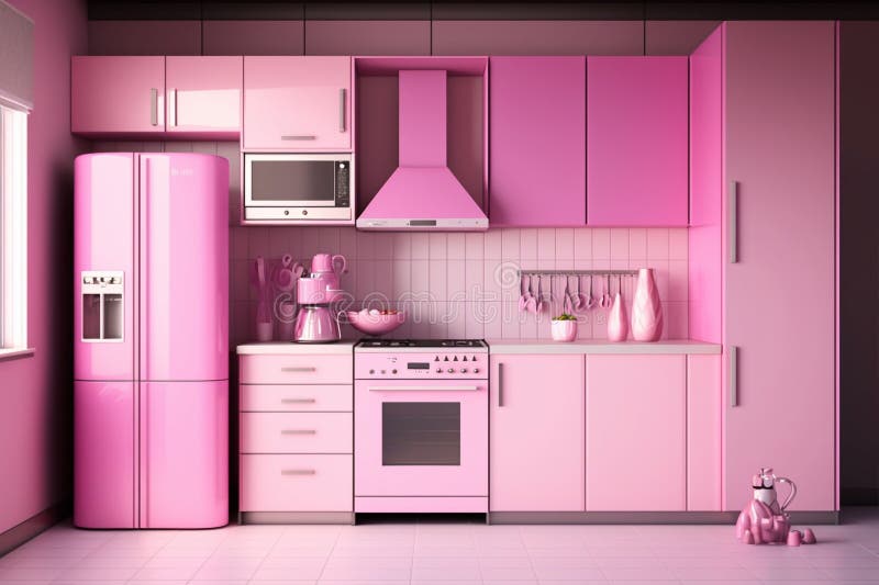 A Pink Kitchen with Appliances and Pink Cabinets in it and a Pink ...