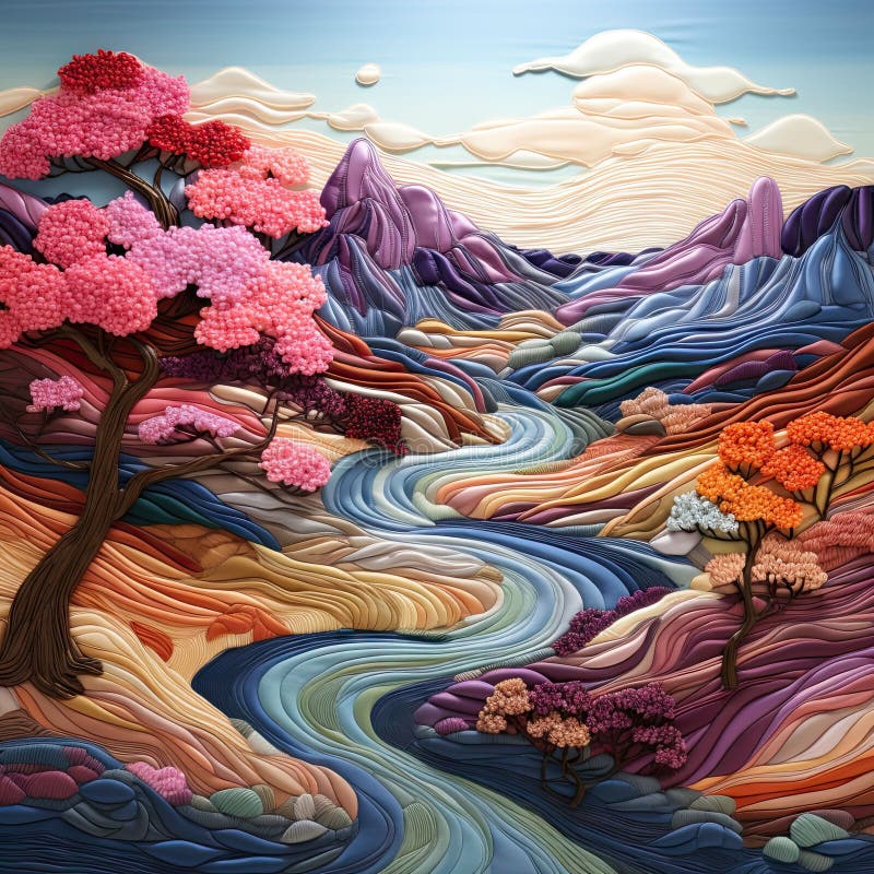 AI Generated Illustration of a Bright and Vibrant Felt Natural Landscape Artwork Stock ...