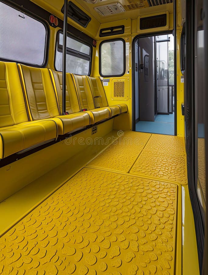 AI-generated Illustration of a Bright Yellow Bus Interior with Multiple ...