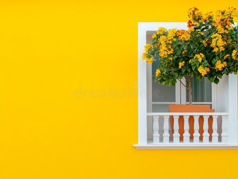 Bright Yellow Wall White Framed Window Lush Green Tree Branch ...