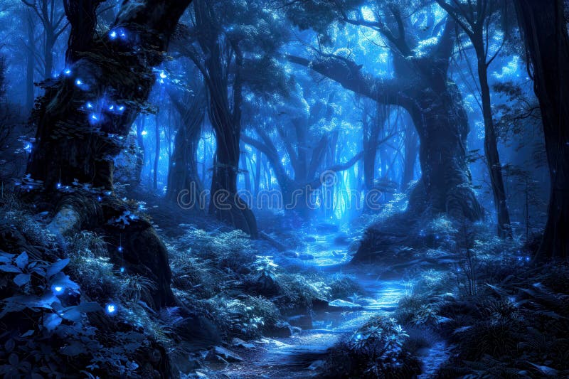 AI-generated Illustration of a Brightly Lit Blue Enchanted Forest at ...