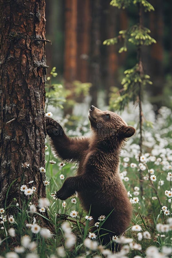 AI Generated Illustration of a Brown Bear Scratching on Tree in a ...