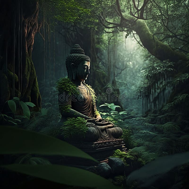 AI Generated Illustration of Buddha Statue in a Green Forest Stock ...