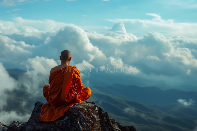 AI Generated Illustration of a Buddhist Monk Meditating at the Peak of ...