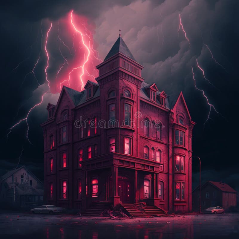 AI Generated Illustration of a Building Struck by Red Lightning and ...