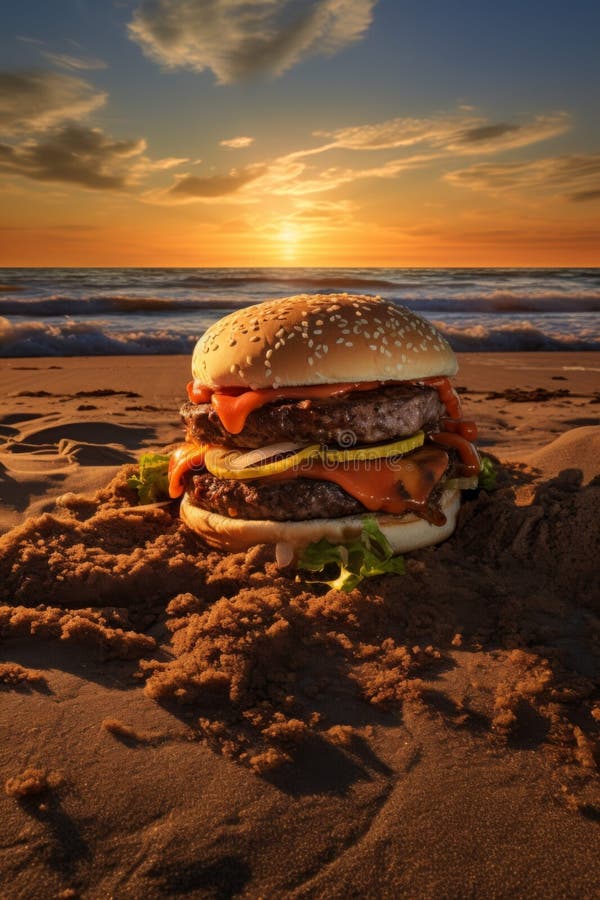 AI Generated Illustration of a Burger on Sandy Beach during Sunset ...