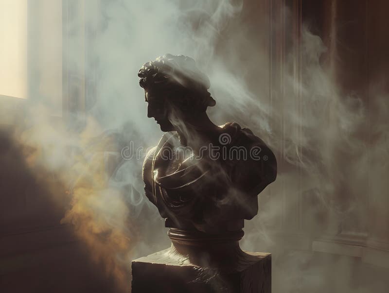 Bust of a Classical Statue Surrounded by Ethereal Smoke and Soft Light ...
