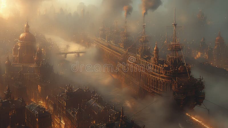 Bustling Steampunk Airship Docking at a Floating City Stock ...
