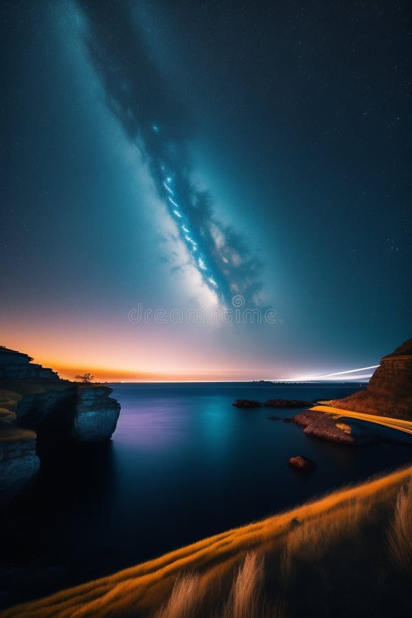 AI Generated Illustration of Calm Seascape Featuring a Stunning Starry ...