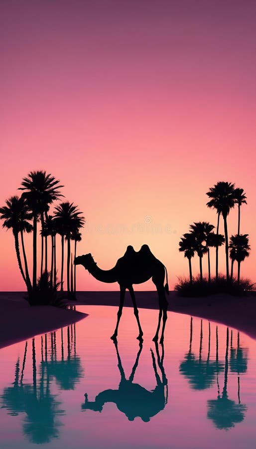 Camel Reflected in the Water at Sunset Near Palm Trees with Reflection ...