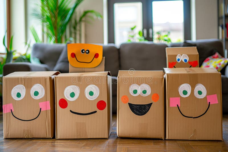 Cardboard Boxes with Faces and a Smile on Them Lined Up on the Floor ...