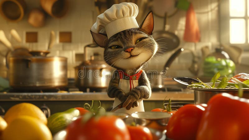 AI Generated Illustration of a Cartoon Cat Dressed As Chef with Cooking ...