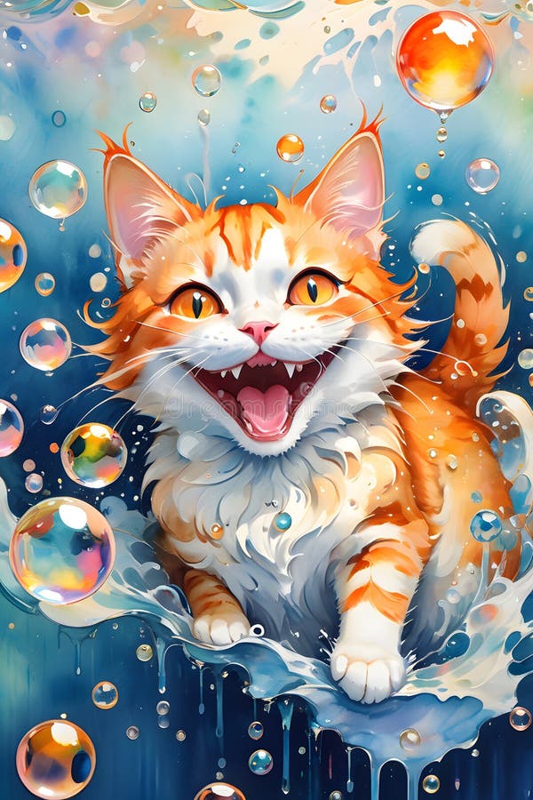 AI Generated Illustration of a Cartoon Orange Cat Floating on Bubbles ...