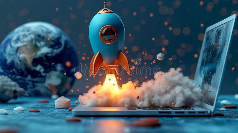 AI Generated Illustration of a Cartoon Rocket Launch from a Computer ...