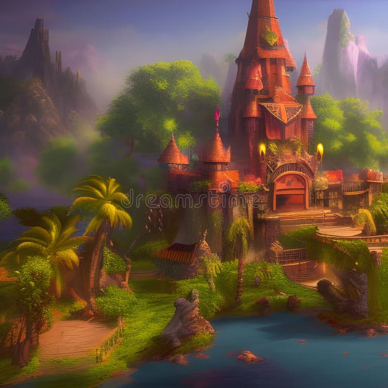 AI Generated Illustration of a Castle and a Lake Stock Illustration ...
