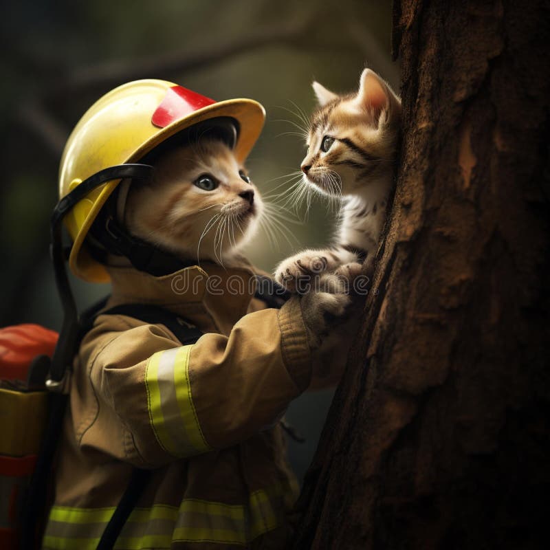 AI Generated Illustration of a Cat Firefighter Saving a Kitten on at ...