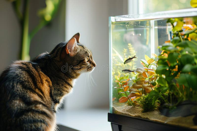 AI-generated Illustration of a Cat Looking at Fish in the Aquarium ...