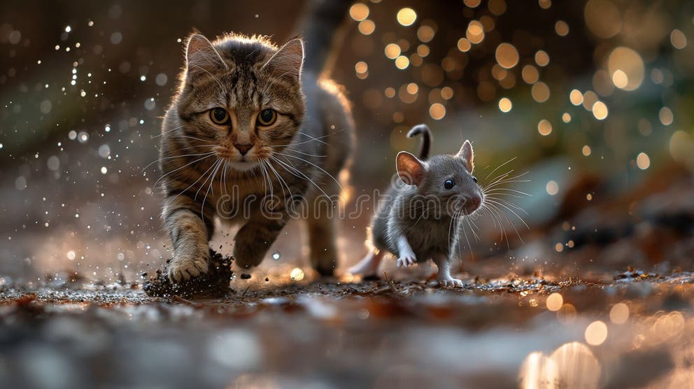 AI Generated Illustration of a Cat with a Mouse in a Puddle Stock Photo ...