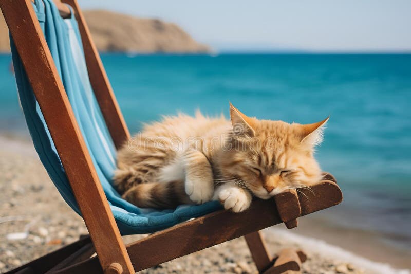 AI Generated Illustration of a Cat Napping on a Beach Chair in the Sun ...