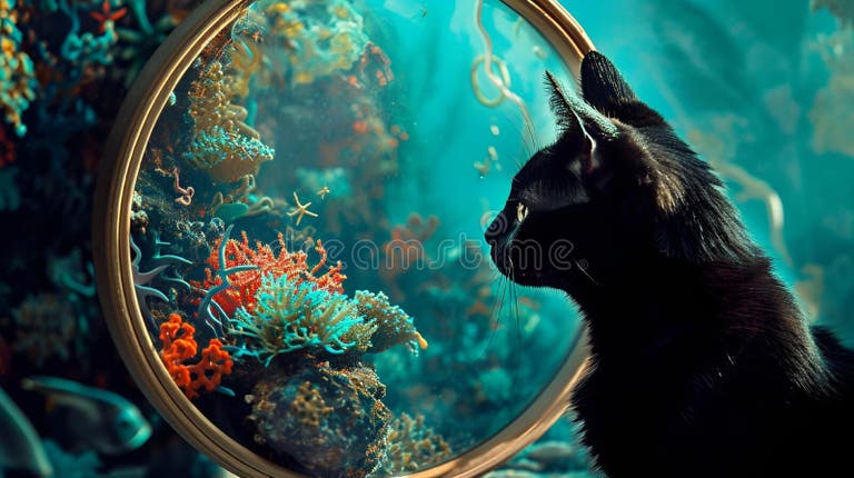AI Generated Illustration of a Cat Observing Its Reflection in Mirror ...