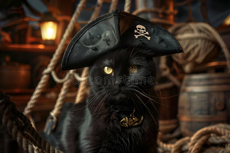 AI Generated Illustration of a Cat in a Pirate Hat Sits on a Ship Deck ...