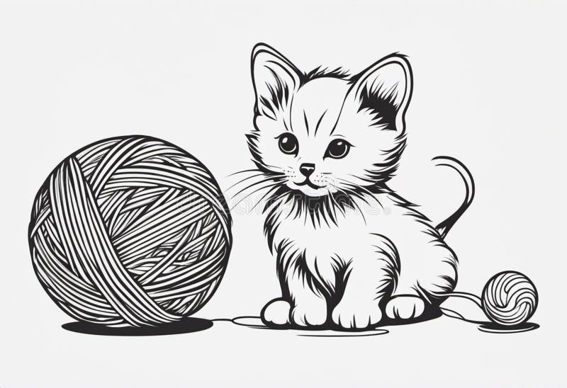 AI Generated Illustration of a Cat Playing with a Thread in Grayscale ...