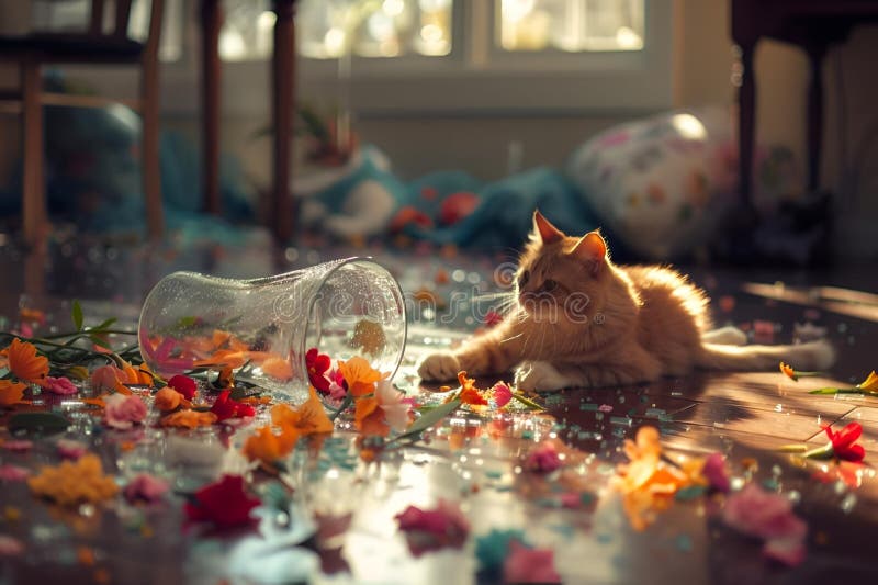 A Cat Lying Down Next To Trash in a Room with Clutter Stock ...