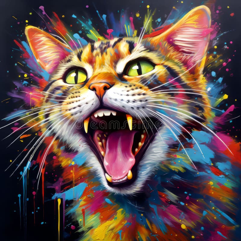 AI Generated Illustration of a Cat Roaring, Covered in Vibrant Colors ...