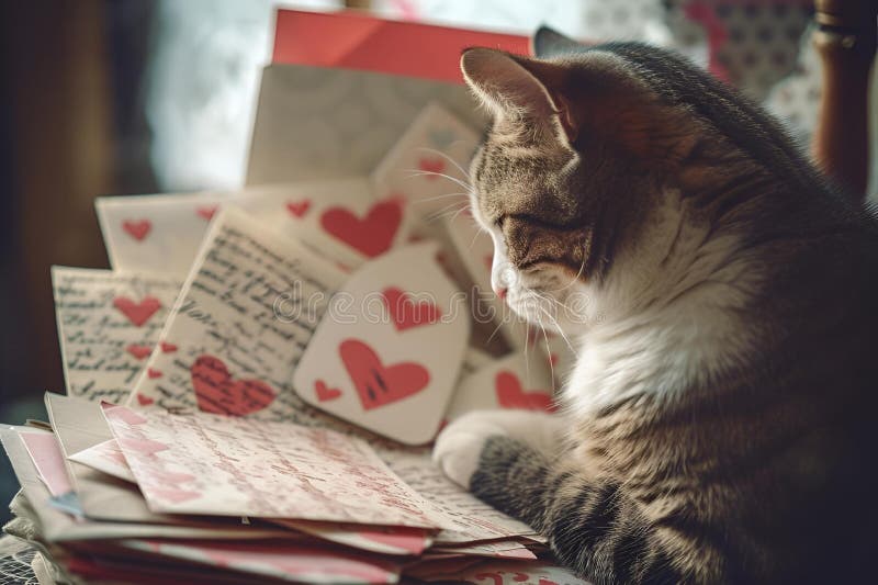 AI Generated Illustration of a Cat Sitting Near a Stack of Love Letters ...