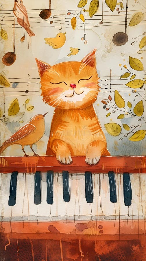 AI Generated Illustration of a Cat Sitting on Piano Keyboard with Bird ...