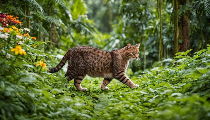 AI Generated Illustration of a Cat Strolling in a Lush Green ...