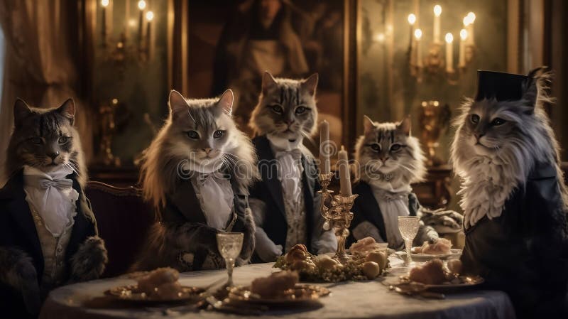 AI Generated Illustration of Cats Dressed in Fancy Clothes Around a ...