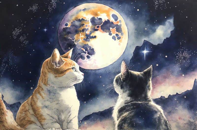 AI-generated Illustration of Cats Looking at the Moon. Stock ...