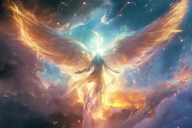 AI Generated Illustration of a Celestial Angel with Glowing Wings in a ...
