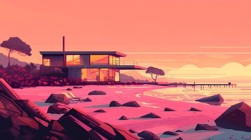 A Very Nice Looking House by the Beach in an Animated Style Stock ...