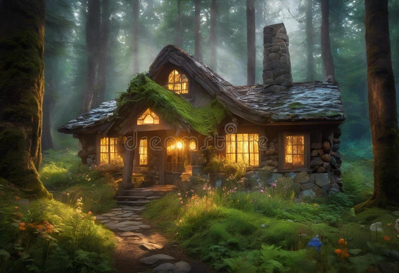 A Very Cute Little Stone Cabin in the Woods with Lights on Stock ...
