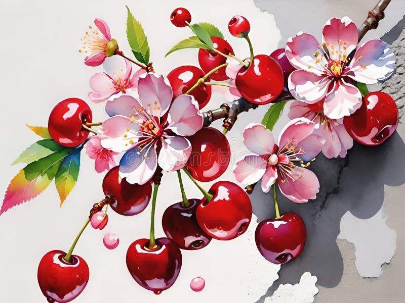 AI Generated Illustration of Cherries Dangling from a Cherry Tree ...
