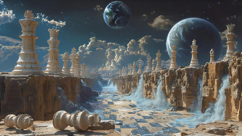 Chess Pieces on a Rocky Landscape Surrounded by the Moon and Planets ...