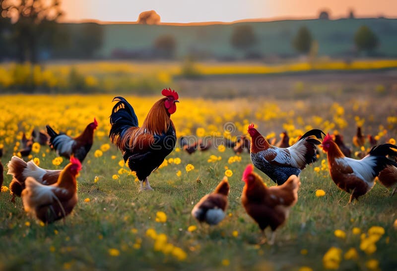 Chickens Walking in the Grass in the Evening Sun Light and Looking at ...