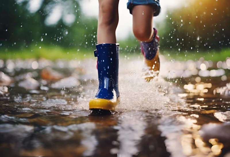 AI-generated Illustration of a Child in Rain Boots Running through a ...