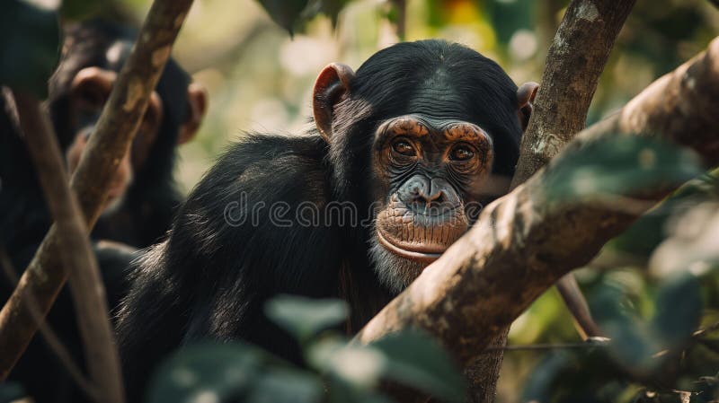 AI-generated Illustration of a Chimpanzee Leaning Against a Tree Branch ...