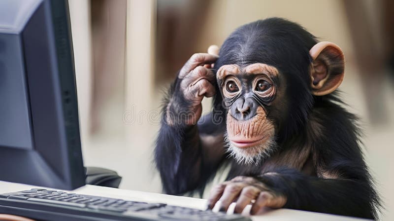 AI Generated Illustration of a Chimpanzee Sitting at a Table, Using a ...