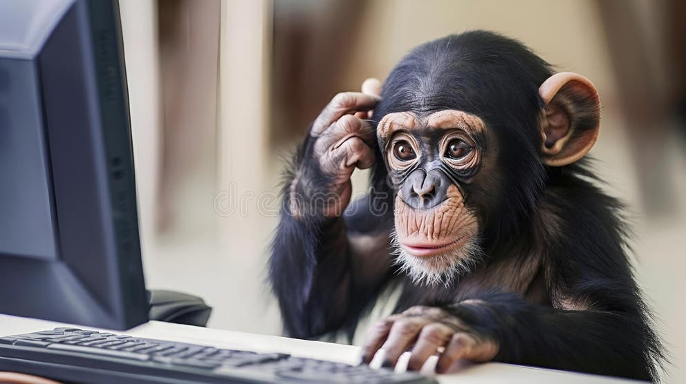 AI Generated Illustration of a Chimpanzee Sitting at a Table, Using a ...