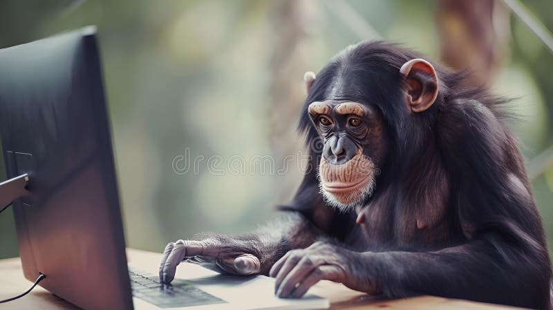 AI Generated Illustration of a Chimpanzee Sitting at a Table, Using a ...
