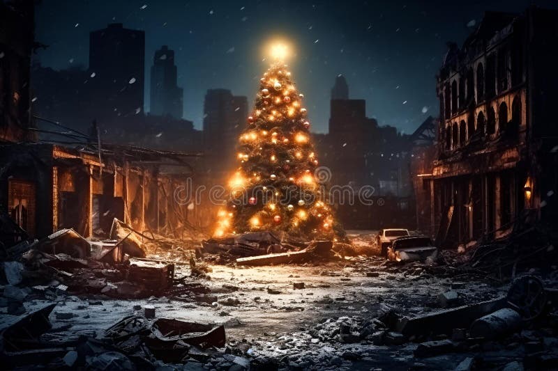 AI Generated Illustration of a Christmas Tree in a Devastated War Zone ...