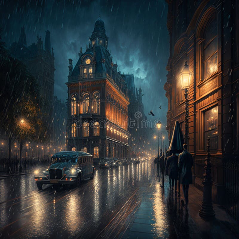 AI-generated Illustration of a City during a Rainy Dark Day at Night ...