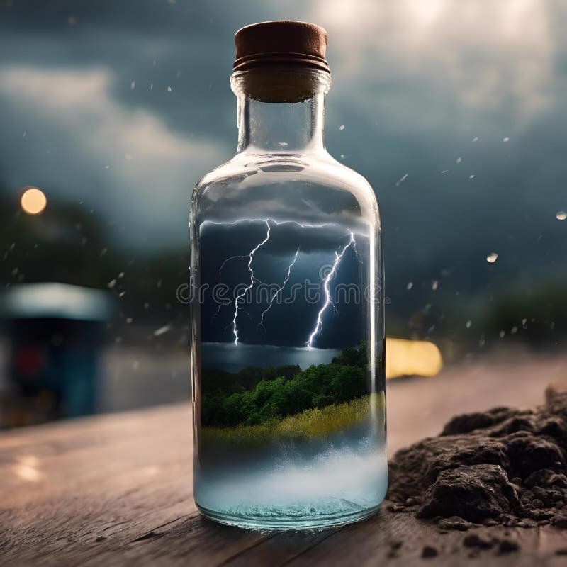 A Glass Bottle with an Image of Lightning in it on Top Stock ...
