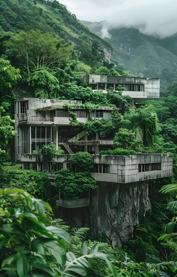 AI Generated Illustration of a Cliff-top Structure with Scenic Mountain ...