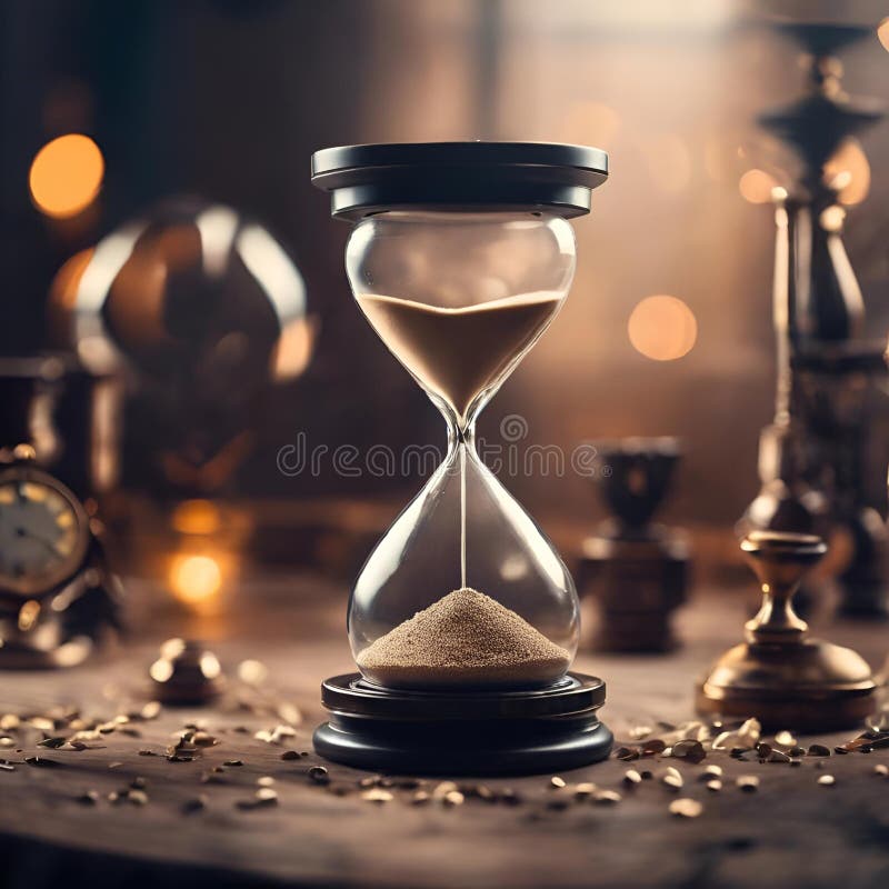 A Clock, Hourglass, and Tea Cups Sit on a Table Stock Illustration ...